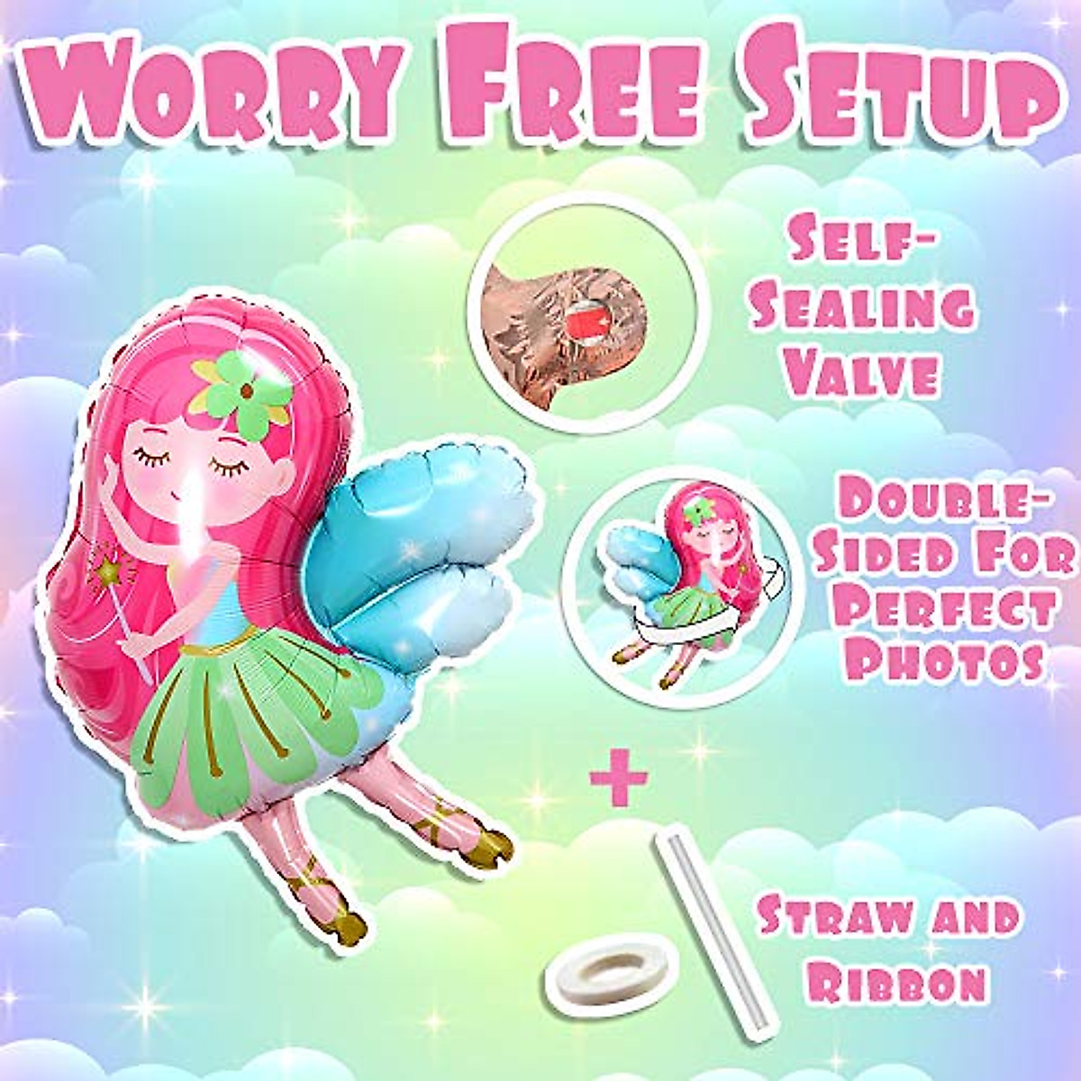 Fairy Princess Party Decorations Balloons for Birthday Party | Perfect Floral Wonderland Fairies Themed Mylar Foil Helium Balloon Decor | Magical Fairy Tale Balloon Set for Girls in Pink & White