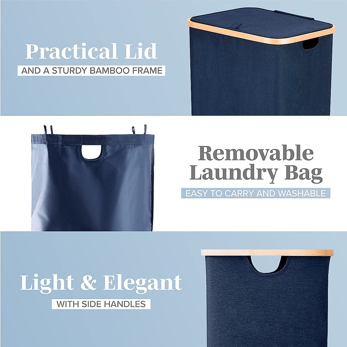 Lonbet - Laundry Hamper with Lid Cover - Sturdy Tall Bamboo Laundry Basket Clothes Organizer - Aesthetic Bedroom Fabric Bin - Big Bathroom Dirty Clothes Hamper - Removable Bag - XL 100 Liters - Blue