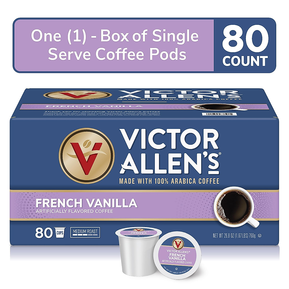 Victor Allen's Coffee French Vanilla Flavored, Medium Roast, 80 Count, Single Serve Coffee Pods for Keurig K-Cup Brewers