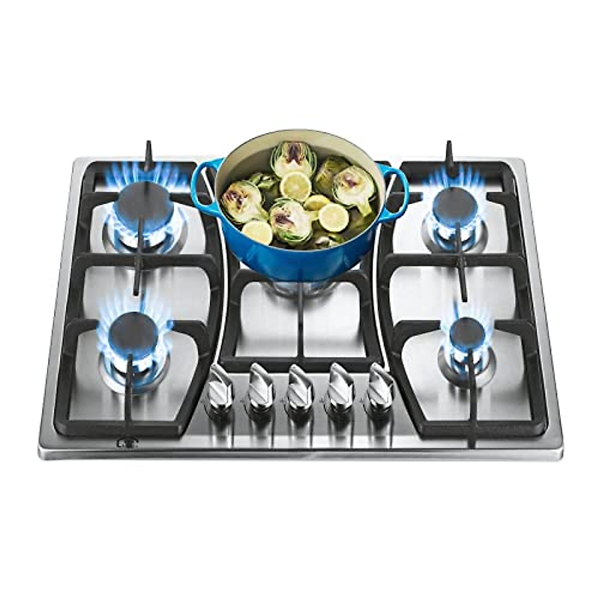 Gas Cooktop 30 Inch 5 Burners Gas Stove Gas Hob Stovetop Stainless Steel Cooktop Cast Iron Grates, Silver (30x 19.7x 4.5 inches)