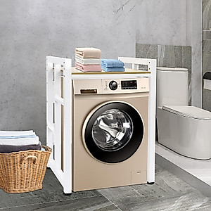 LOHISHILO Stacking Rack Stand, Heavy Duty Over Washer&Dryer Shelves with Adjustable Shelf, Space Saver Stackable Storage Shelf for Laundry Room Apartments Bedrooms (White& Light Walnut)