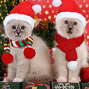 6 Pieces Christmas Dog Santa Hat and Scarf Include 3 Adjustable Christmas Cat Hat and 3 Pet Knit Red Scarf with White Pompom Ball Striped Scarf Winter Pet Accessory for Small Medium Large Dog