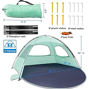 WhiteFang Beach Tent Anti-UV Portable Sun Shade Shelter for 3 Person, Extendable Floor with 3 Ventilating Mesh Windows Plus Carrying Bag, Stakes and Guy Lines (Mint Green)