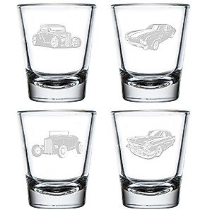 MIP Set of 4 Shot Glasses 1.75oz Shot Glass Gift Classic Cars Hotrod Collection