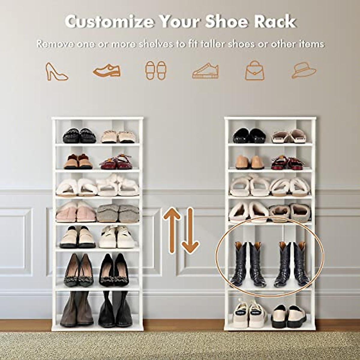 COSTWAY 7 Tiers Shoe Rack, Double Rows Vertical Tall Narrow Patented Shoe Organizer, Free Standing Shoe Rack for Small Space, Entryway, Closet, Living Room, Bedroom (White)