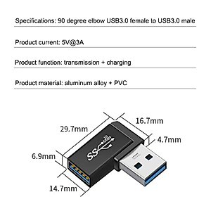 XCZZYB 90 Degree Right Angle USB 3.0 Male to Female Expansion Adapter for Connecting Mobile Hard Disk, U Disk, Wireless Network Card, Camera, Mouse, Keyboard, etc. - Black 2pack