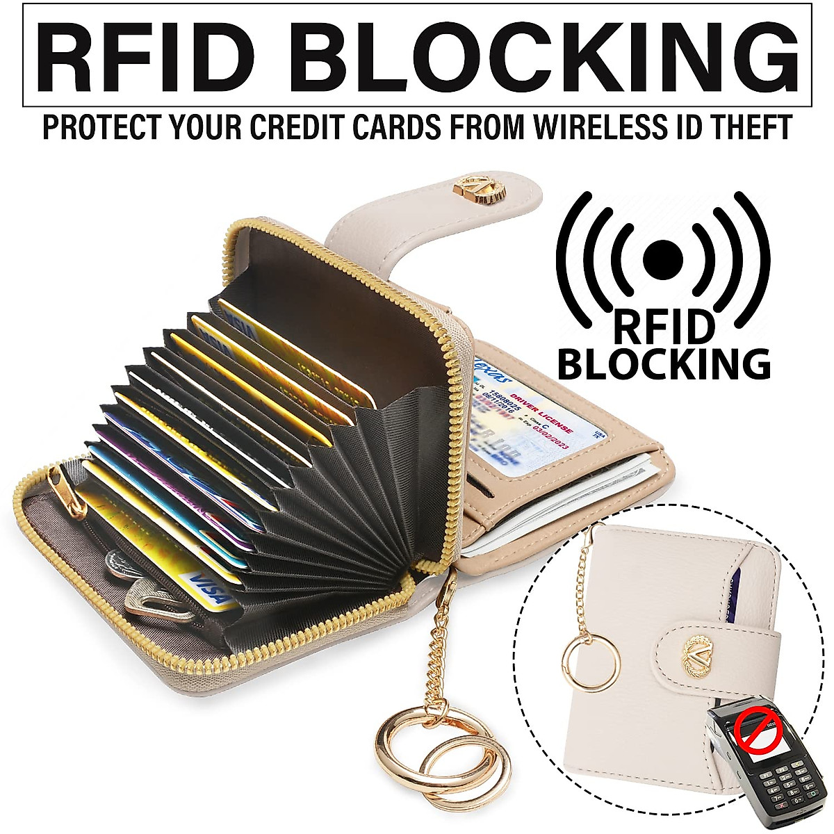 SNUG STAR Multi-Purpose Wallet RFID High Capacity Card Holder Zipper Coin Purse with Wristlet Bracelet Keychain Silicone Beaded Bangle (RFID Silicone Bracelet(16 Cards)-Sand)