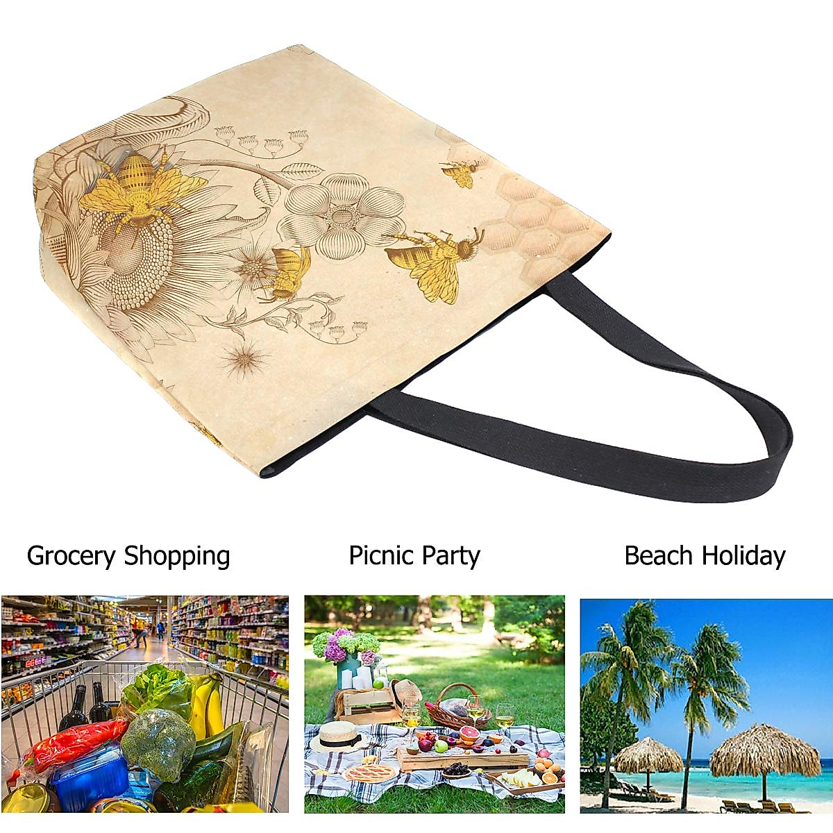 ZzWwR Rural Honey Bees Wildflowers Extra Large Canvas Shoulder Tote Top Handle Bag for Gym Beach Travel Reusable Grocery Shopping