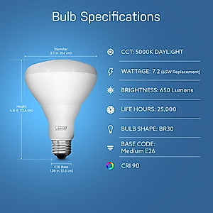 Feit Electric LED BR30 Bulbs, 65W Equivalent, 7.2W LED, 650 Lumens, Dimmable, 5000k Daylight, E26 Base, 22 Year Lifetime, Flood Light Bulbs, 1 Pack, BR30DM/950CA
