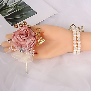 WANLIAN Rose Wrist Corsage Wristlet Band Bracelet Boutonniere,Wrist Corsage Hand Flowers Decor for Wedding Bridal Prom Party Accessories (Pink)