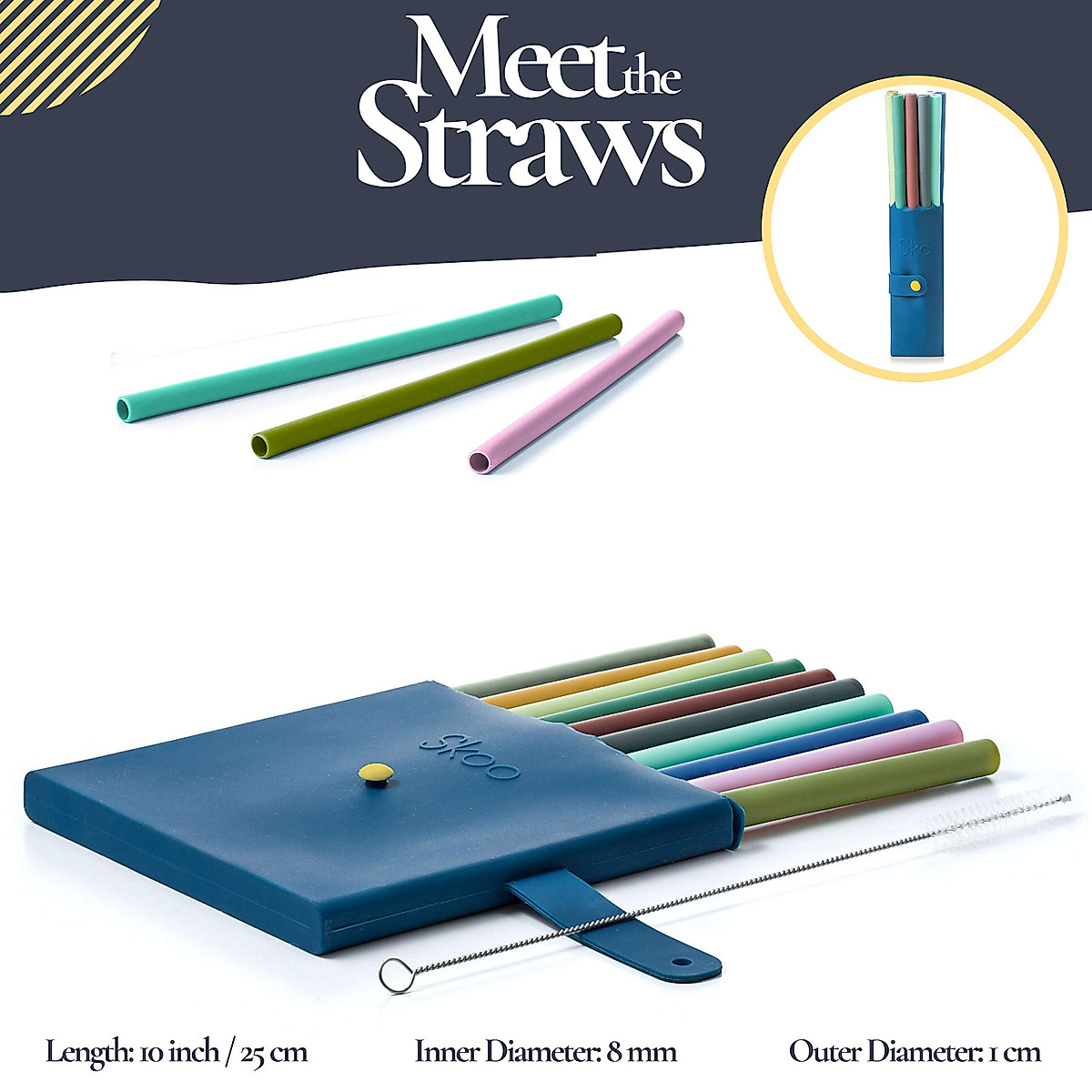 Skoo - Set of 10 Silicone Drinking Reusable Straws + Silicone Case Holder + Cleaning Brush - Jumbo Smoothies and Cocktails - Large and Thick Boba Straws Set Extra Wide - 10 inch Straight Long 0.4 Dia