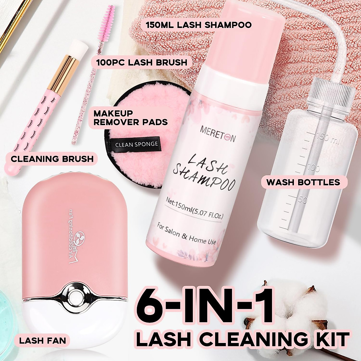 MERETON 150ml Lash Shampoo for Lash Extensions, Eyelash Extension Cleanser Lash Cleaning Kit for Cluster Lashes with Fan+Makeup Pad+Cleaning Brush+100 Pcs Lash Brush+Wash Bottle, Oil Free Foam