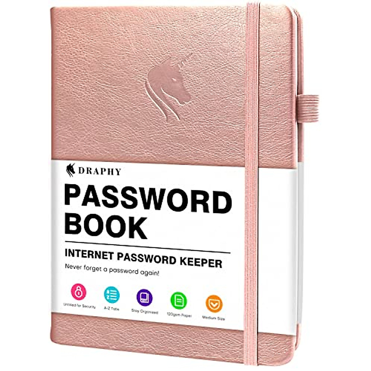 DRAPHY Password Book with Alphabetical Tabs. Medium Size Internet Password Keeper for Logins, and Web Addresses. Leatherette Hardcover Password Log Notebook & Organizer for Home and Office (Rose Gold)