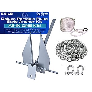 MarineNow Deluxe Portable 8.5 lb Fluke Style Anchor Kit for 15' - 24' Boat