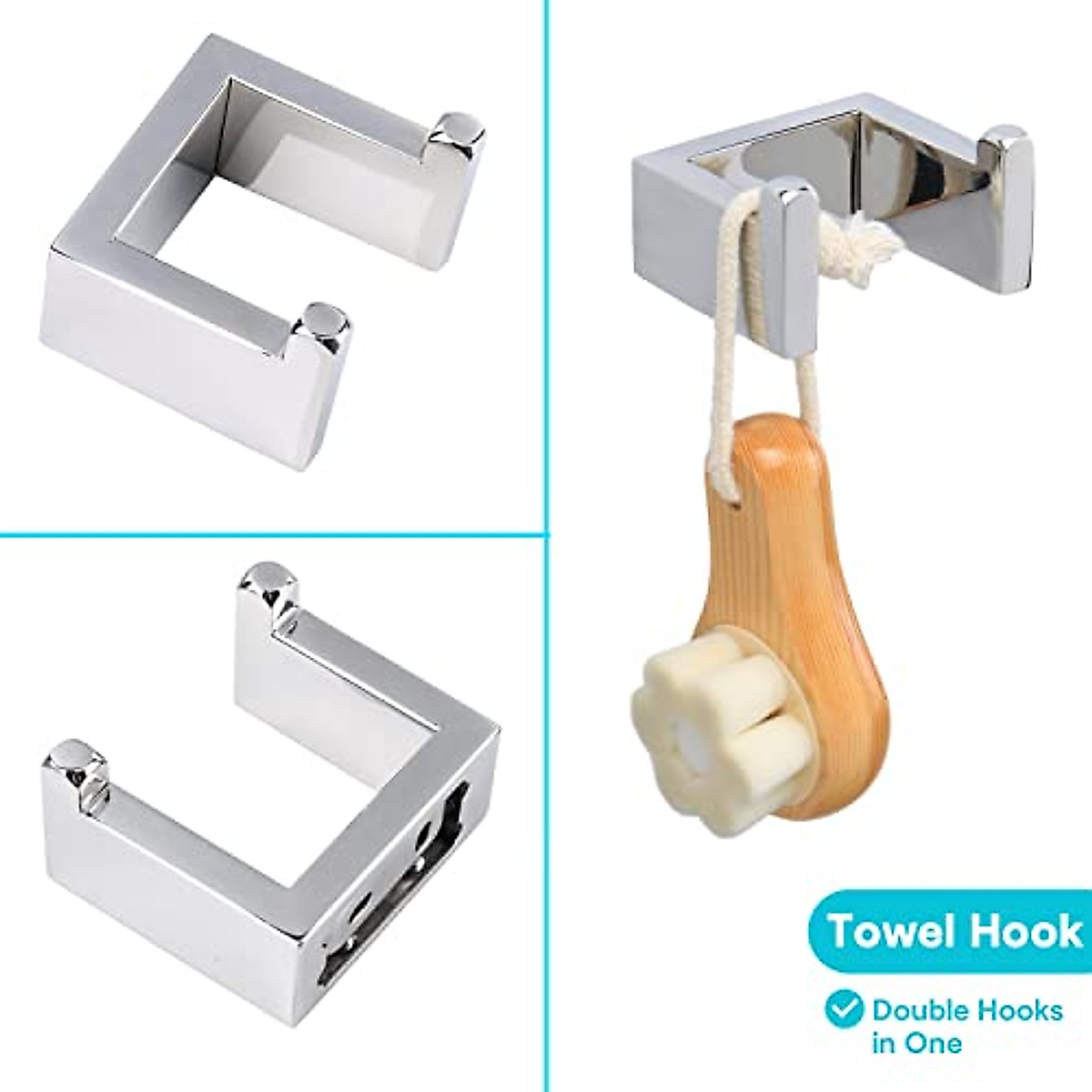 TocTen 24 Inch Bath Towel Rack + 4-Pcs Bathroom Hardware Set Stainless Steel Square Towel Rack Set - Include 16 Inch Towel Bar, Hand Towel Holder, Toilet Paper Holder, Robe Hook(Polish Chrome)