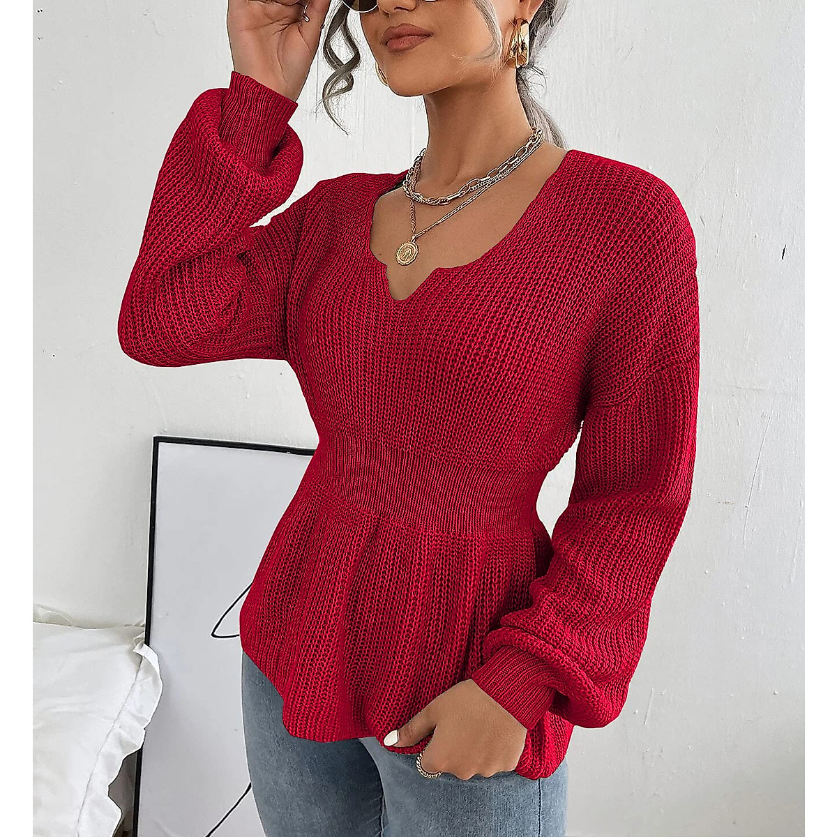 Veatzaer Womens V Neck Sweaters Fall Trendy Casual Long Lantern Sleeve Ribbed Knit Pullover Sweater Tops Red