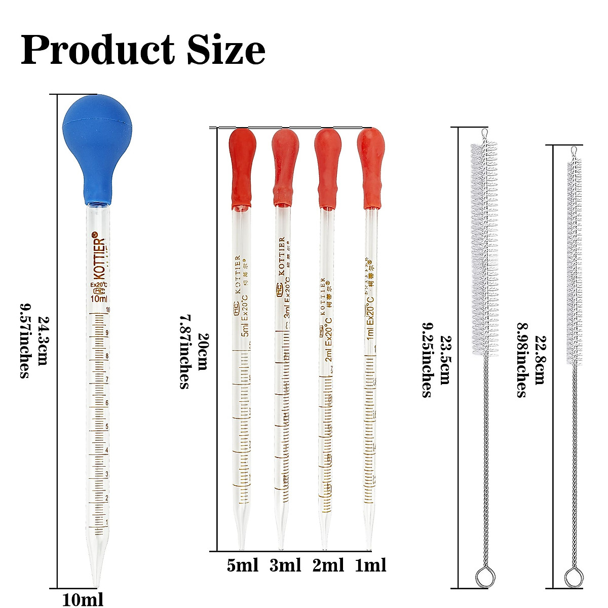 6Pcs Glass Pipettes Dropper, 1ml 2ml 3ml 5ml 10ml Graduated Liquid Dropper, with Rubber Bulb and Cleaning Brush, Transfer Pipettes for Essential Oil