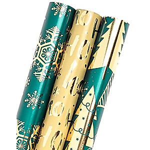 MAYPLUSS Christmas Wrapping Paper Roll - Mini Roll - 17 inch X 120 inch Per roll - 3 Different Dark Green with Glitter Metallic Foil Design(42.3 sq.ft.ttl)