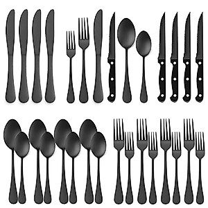 E-far 24-Piece Black Silverware Set with Steak Knives, Stainless Steel Flatware Cutlery Set for 4, Matte Black Metal Eating Utensils Sets Include Forks and Spoons Knife, Modern Design & Rust Proof