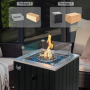 BALI OUTDOORS Gas Firepit Table 41,000 BTU, Square Propane Fire Pit with Stainless Steel Table Top Glass Wind Guard Blue Fire Stone, 23.6 Inch Outdoor Furniture Table for Backyard Patio Garden