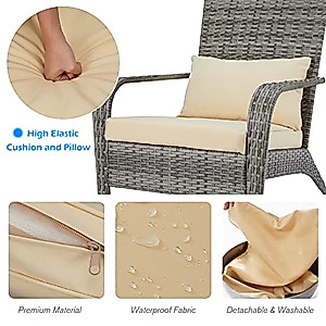 AECOJOY 2 Pieces Patio Adirondack Wicker Chair,PE Rattan Wicker Patio Dining Chair Set of 2, Grey Wicker Beige Cushion and Pillow for Garden, Backyard, Porch