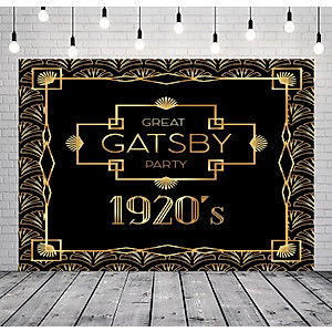 CORFOTO Fabric 9x6ft Gatsby Backdrop Photography Background for Birthday Party Decoration Black Gold Pattern Retro 1920s Roaring Holiday Celebration Prom Banner Dining Room Wall Hanging Props