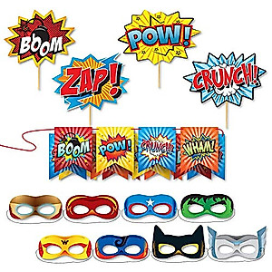 Superheroes Theme Party Photography Backdrop with Prop, Flag & Mask. Super Hero Cityscape Photo Booth Background for Kids Party, Birthday Wall Decorations