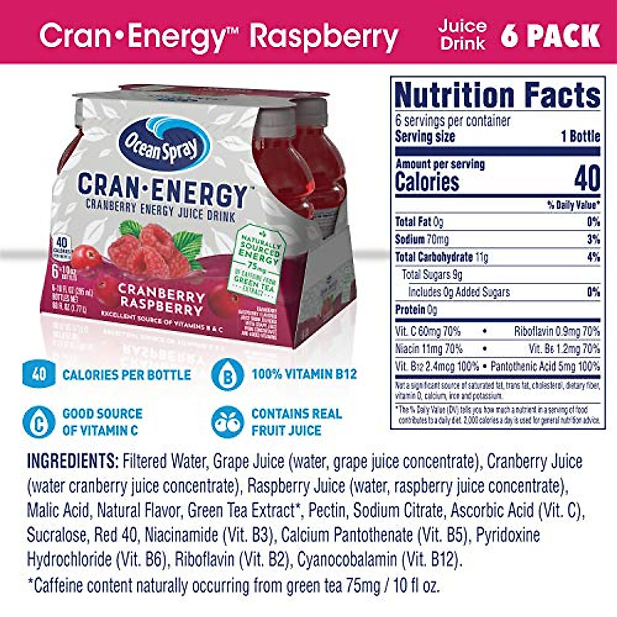 Ocean Spray, Cran-Energy Cranberry Raspberry Energy Juice Drink, 10 Fl Oz Bottles, 6 Ct