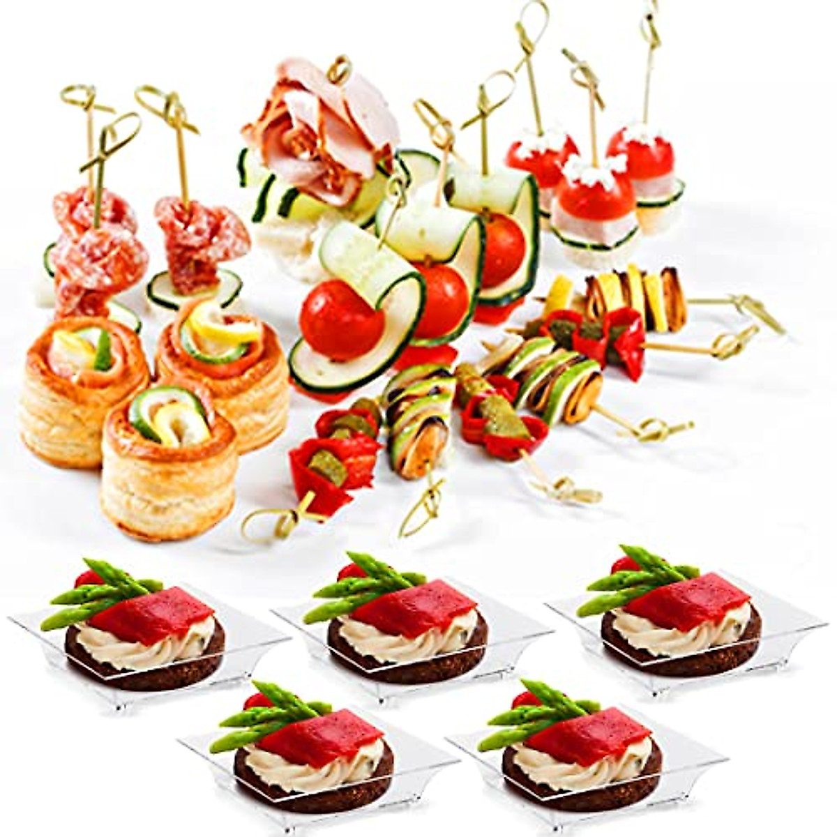 TOFLEN 100ct 1 oz Mini Dessert Plates with Tasting Spoons - Reusable Clear Plastic Square Party Serving Trays Mini Plates for Appetizers, Chocolates, Ice Cream, Fruit and More