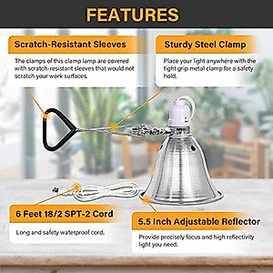 Simple Deluxe Clamp Lamp Light with 5.5 Inch Aluminum Reflector up to 60 Watt E26 Socket (no Bulb Included) 6 Feet 18/2 SPT-2 Cord,Silver and White,1 Pack