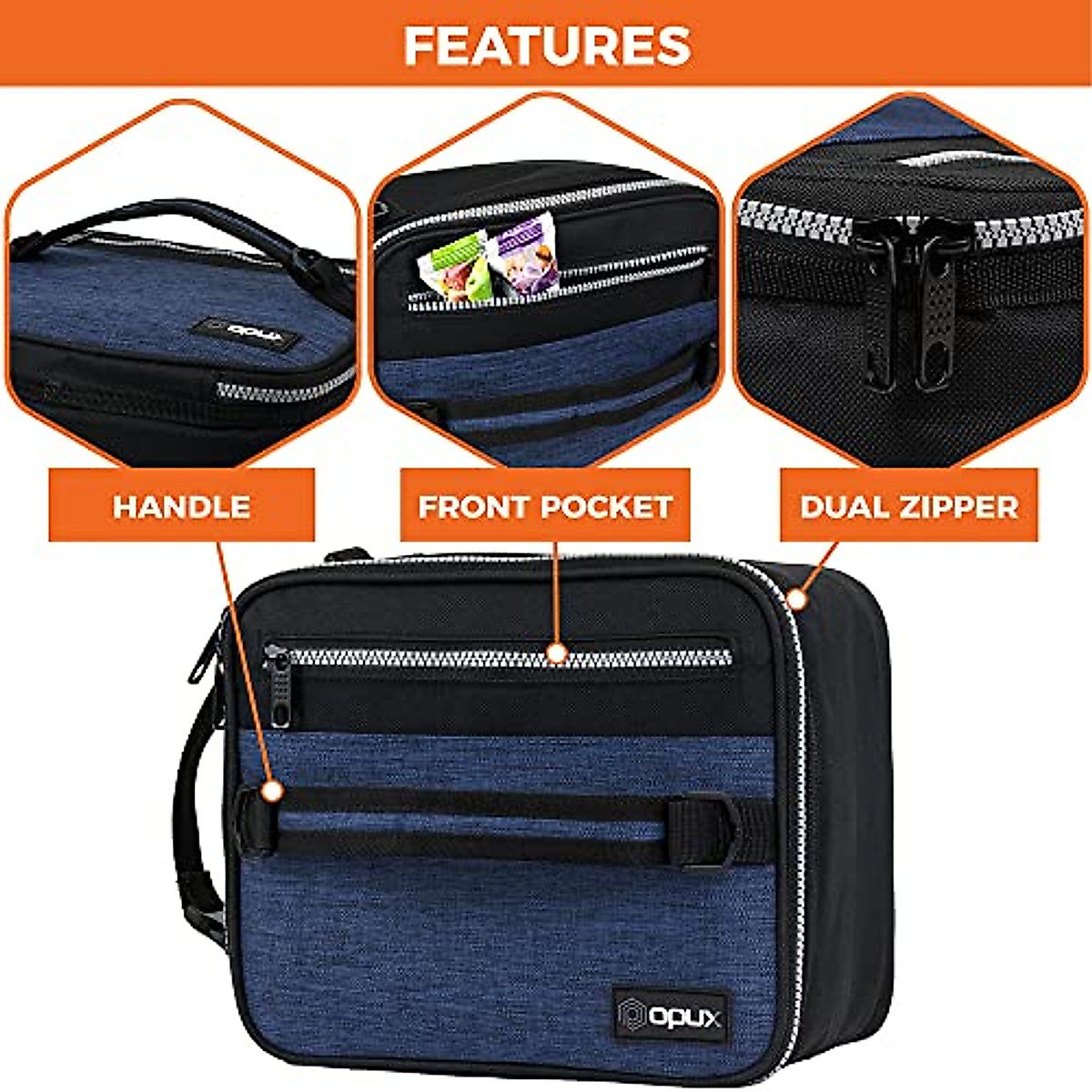 opux Insulated Lunch Box for Men Women Adult, Compact Lunch Bag for Kids Boy Girl Teen, Soft Lunch Cooler Bag for Work School, Leakproof Lunchbox Lunch Pail with Clip-on Buckle, Heather Navy