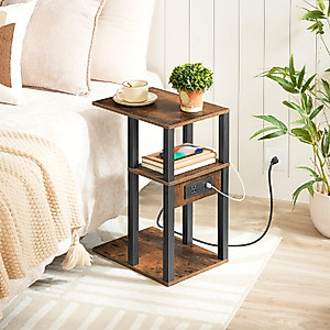 HOOBRO C Shaped End Table Set of 2 with Charging Station, Side Table with 2 USB Ports and Outlets, TV Tray Table, Couch Table for Small Spaces, Living Room, Bedroom, Rustic Brown and Black BF62USFP201