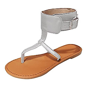 Womens Comfort Sandals with Arch Support Summer Solid Buckle Strap Casual Open Toe Wedges Soft Bottom Shoes Sandals (Silver, 6.5)