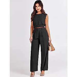 ANRABESS Two Piece Outfits for Women Cruise Resort Wear 2023 Sexy Summer Vacation Sleeveless Linen Crop Top Casual Matching Lounge Sets Comfy Tracksuits Long Pants Jumpsuits Cute Clothes A1102heise-M