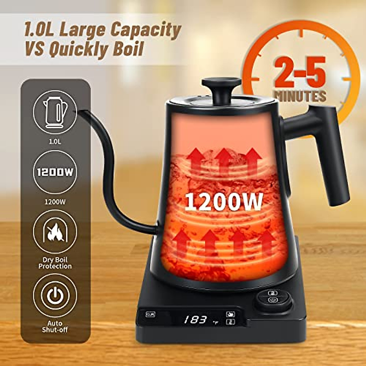 Tosfly Gooseneck Electric Kettle - 1200W 1.0L Pour-Over Kettle with LED Display Stainless Steel Coffee Kettle with Temperature Control Leak-Proof, Automatic Shut Off, Anti-dry Protection Tea Kettle