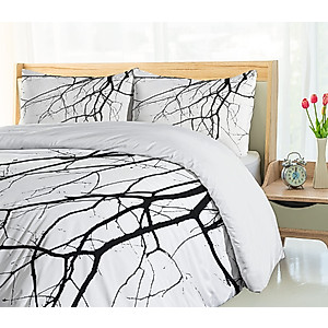 Ambesonne Black and White Duvet Cover Set, Macro Leafless Winter Tree Branches Idyllic Twigs of Oak Nature Print, Decorative 3 Piece Bedding Set with 2 Pillow Shams, Queen Size, Black and White