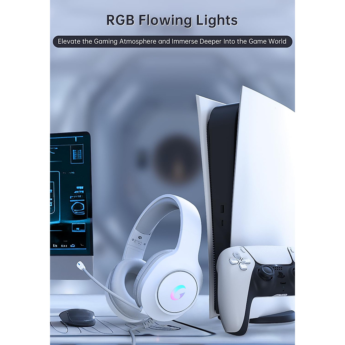 syndesmos CM7002 Gaming Headset for PS5, PS4, PC, Mac, Switch, Xbox Series, Surround Sound RGB Gaming Headphones with Noise Canceling Microphone, 50MM Dynamic Drivers, 3.5MM Audio Jack, Light White