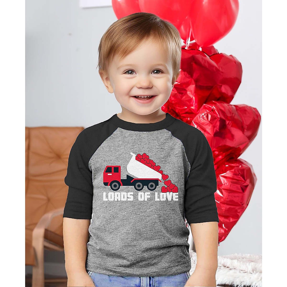 Truck with Hearts Loads of Love Boys Valentines Day Shirt Dabbing Heart Valentine's Toddler Kids Raglan 3/4 Sleeve T-Shirt 5T Dark Gray