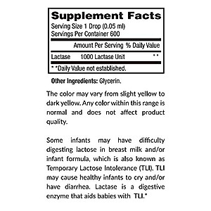 Kiddivit Baby Lactase Liquid Drops 1000 Units - 100 Daily Servings, 1 Fl Oz (30 mL) - Built-in Dropper, Glass Bottle - Sugar Free, Gluten Free, Vegetarian Friendly
