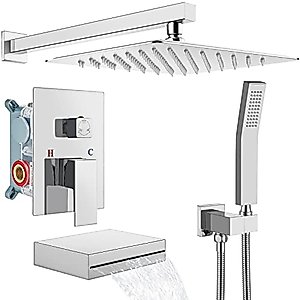 gotonovo Polish Chrome Rain Mixer Shower Faucet Set with Waterfall Tub Spout 10 inch Square Rainfall Shower Head with Handheld Spray Wall Mounted Rough-in Valve and Trim Included