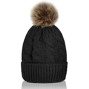 Whiteleopard Kid Beanie Hats Lining Pom Pom for Children -Slouchy Cable Knit Toddler Skull Hat Baby Ski Cap for Girls Boys (Black)