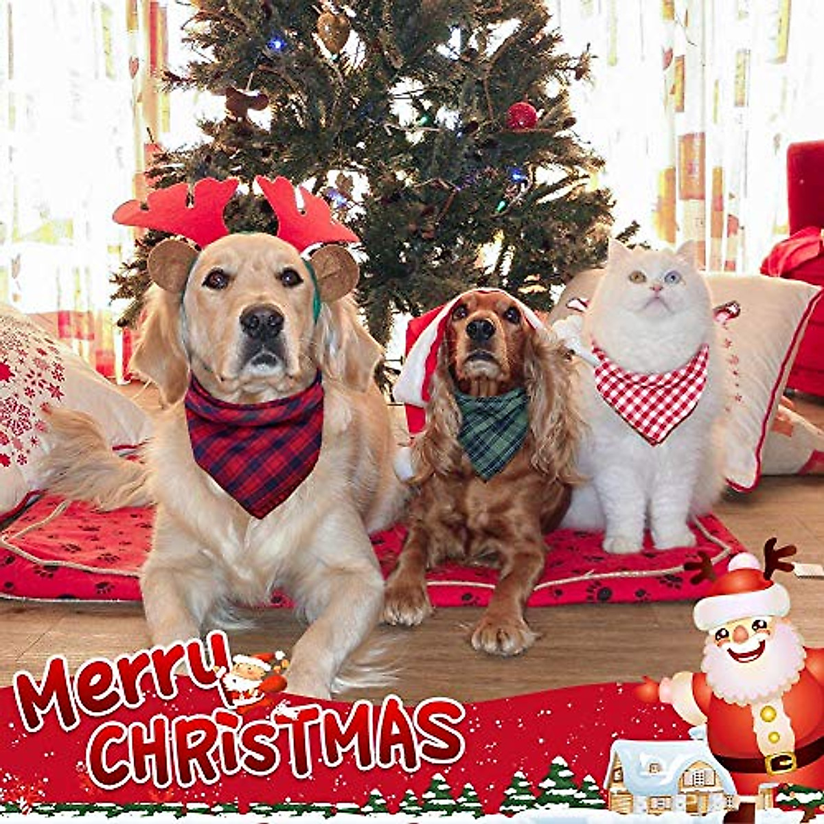 Remifa Dog Bandana - 6PCS Birthday Gift Washable Green Blue Red Christmas Dog Bandana Square Plaid Printing Bib Double Reversible Kerchief Scarf Adjustable Accessories for Small to Large Dog Puppy Cat