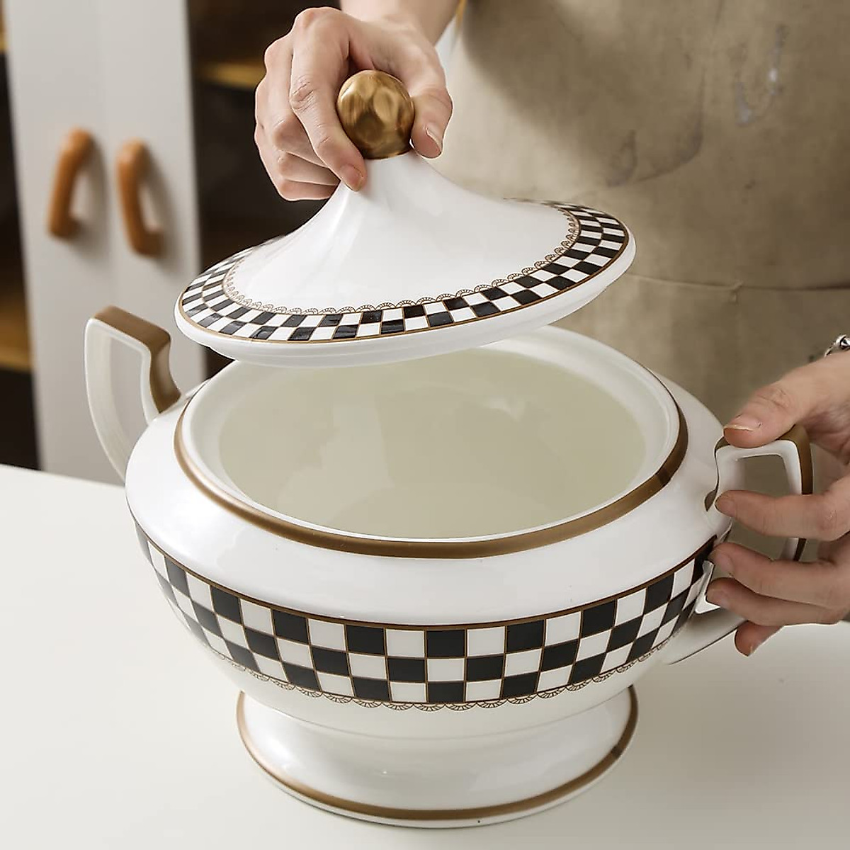 Porlien Checker Dinner Serving Set with Soup Tureen, Soup Ladles, Gravy Boat with Ladle and Stand and Salt & Pepper Shaker
