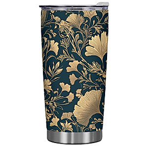 QWEUIOP 20oz Insulated Travel Coffee Mug Golden Ginkgo And Palm Stainless Steel Tumbler with Lid Double Wall Vacuum Coffee Cup For Hot and Cold Drinks14562