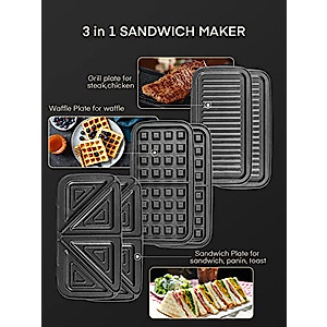 FOHERE Waffle Maker 3 in 1 Sandwich Maker 1200W Panini Press With Removable Plates and 5-gear Temperature Control, Non-stick Coating Easy to Clean,Indicator Lights, Silver/Black