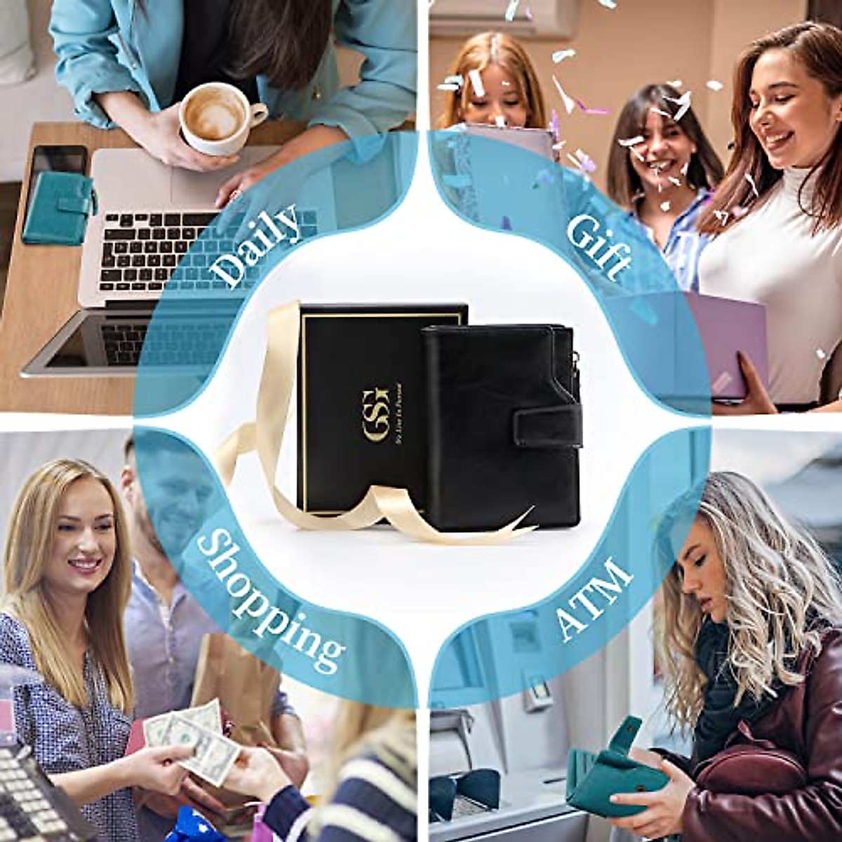 GSG Small Womens Wallet Leather Credit Card Holder, RFID Blocking Bifold Ladies Pocket Wallet with Zipper Coin Pocket, Black