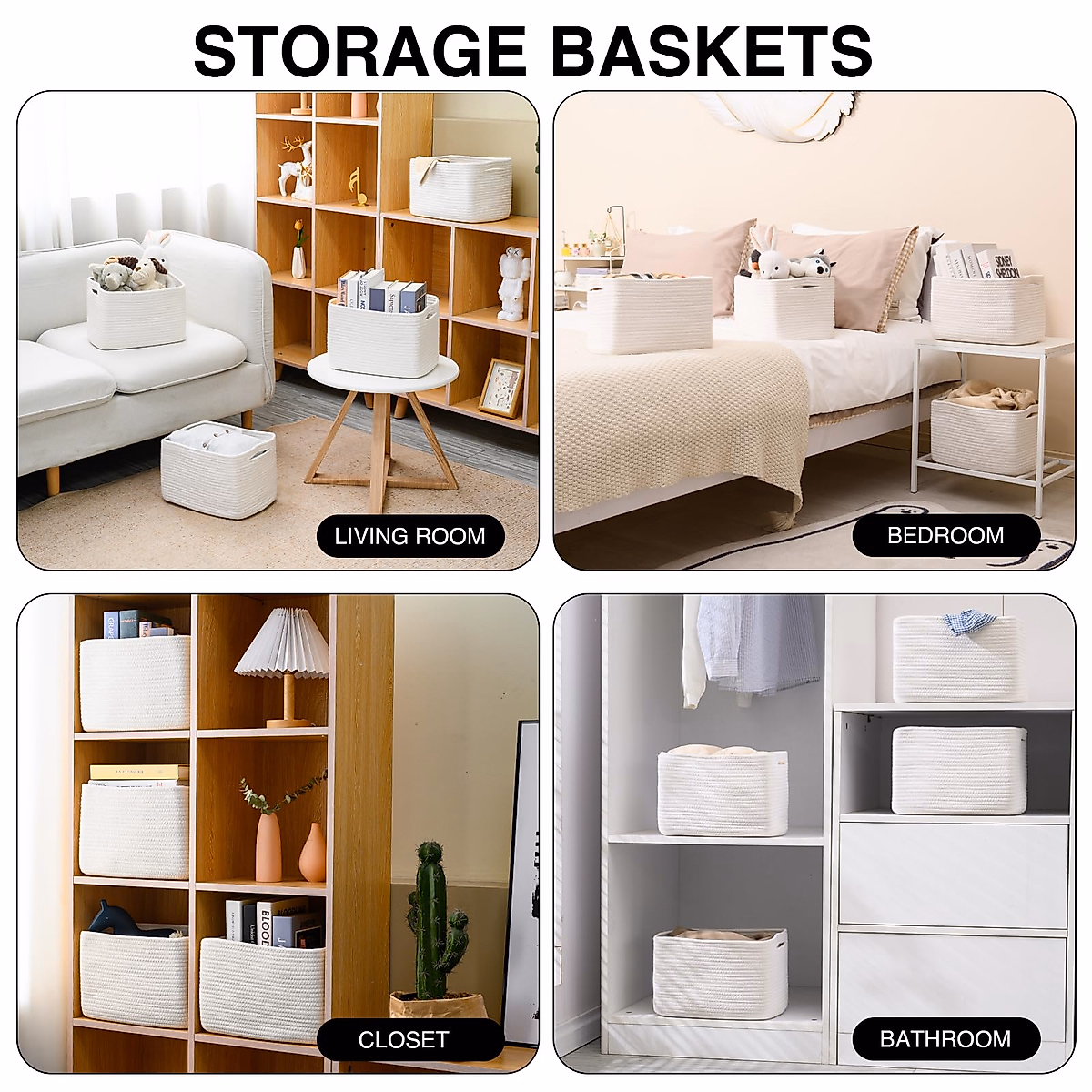 ICERZCZ Storage Baskets for Organizing, Woven Baskets for Storage, Storage Baskets Bin for Shelves, Cotton Rope Basket with Handles, 12.5" Lx9.1W x7.9H, (4 pack) White