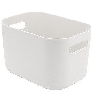 JOIKIT 4 Pack White Storage Bins with Handles, White Bathroom Kitchen Organizer Bin, White Plastic Vanity Storage Bins for Hand Soap, Body Washes, Towels, Shampoos, Lotions, Bath Balls, 10x7x6.3 Inch