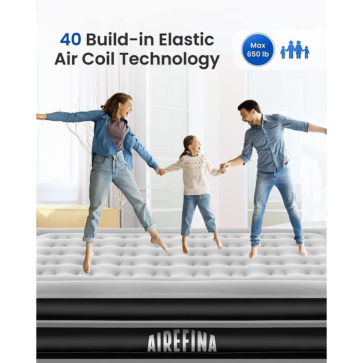 Airefina Queen Air Mattress with Built in Pump, Upgraded Luxury Blow Up Mattress 2-Layer Air Coil Technology Portable Inflatable Mattress with Carrying Bag for Guest Home Quick Inflation in 3 Mins