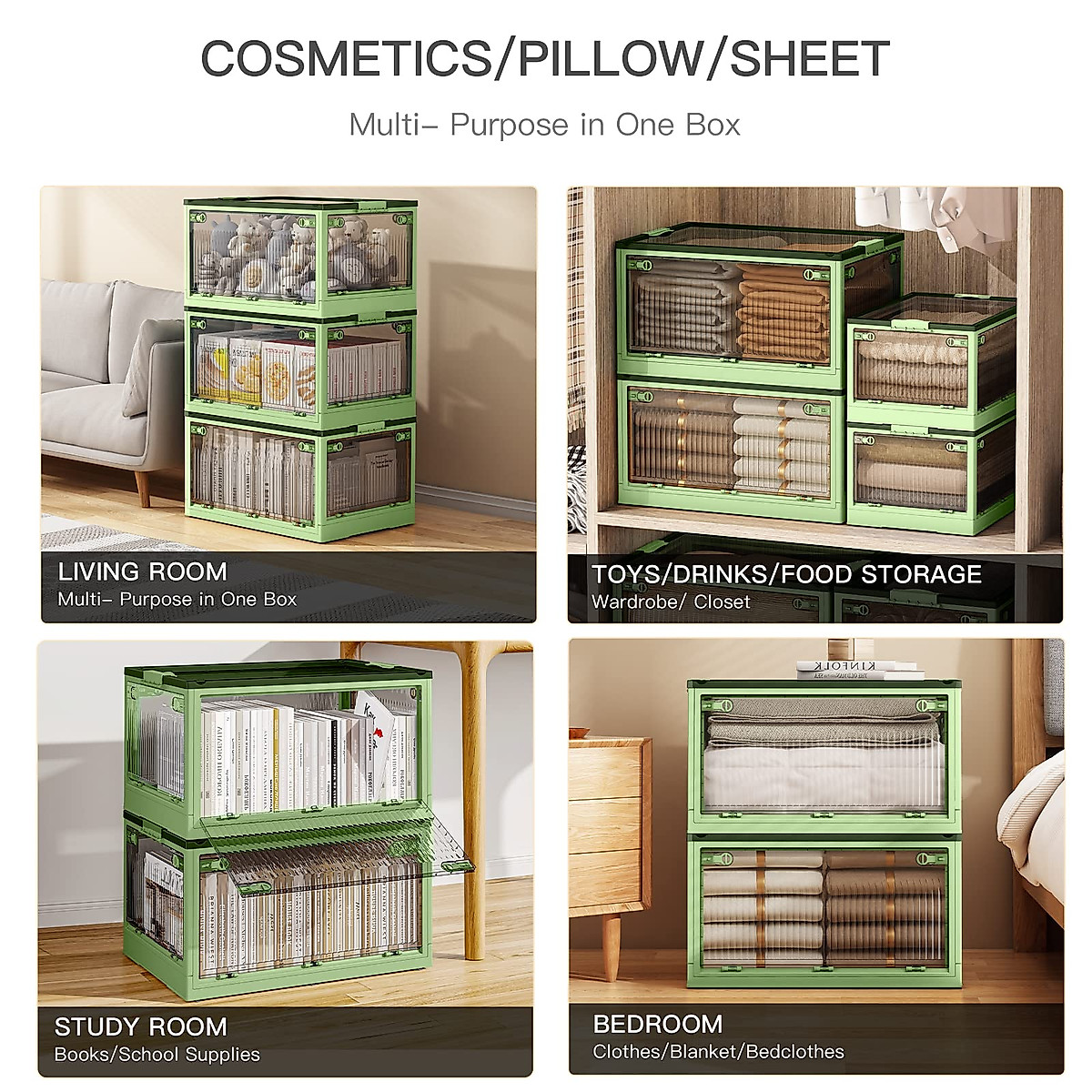 submatches Collapsible Lided Storage Box,Transparent Plastic Folding Box with 5 Doors Opening,54L Stackable Folding Bins with 4 Wheels,Green,1 Pack